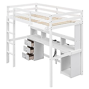 Modern Twin Size Loft Bed with Ladder, Solid Wood Loft Bed Frame with Multi-storage Desk and LED light, Versatility Galore Loft Bed with Full-length Security Fence for Kids Teens Adults, No Box Spring