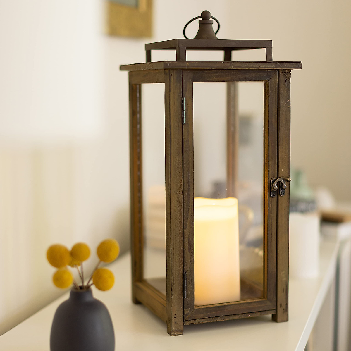 Stonebriar 18 Inch Rustic Wooden Candle Hurricane Lantern, For Table Top, Mantle, Wall Hanging, or Garden Display, Indoor & Outdoor Use, Extra Large