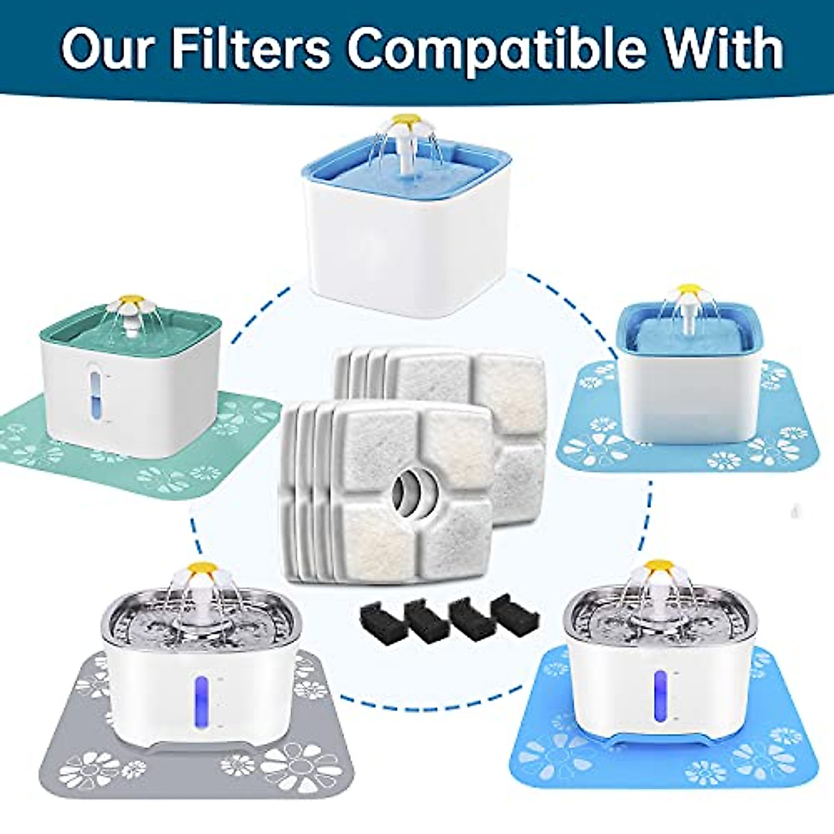 Cat Water Fountain Filter,Cat Fountain Filters Replacement Filters for 84oz/2.5L Automatic Pet Water Fountain Dispenser,Cotton Activated Carbon Water Fountain Filter and Foam Filter (Square 8+4 Pack)