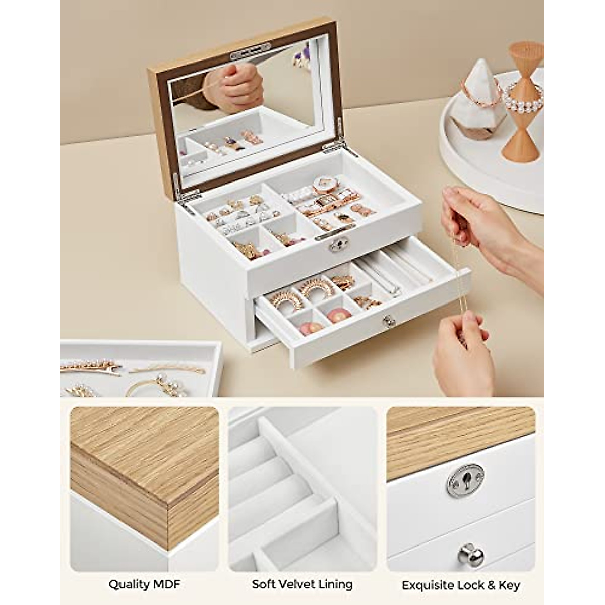 SONGMICS Jewelry Box, 3-Tier Jewelry Organizer Box, Locking Jewelry Case with Large Mirror, 2 Drawers, Gift Idea, for Rings, Earrings, Bracelets, Necklaces, White and Wood Grain Color UJOW15WN