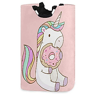 visesunny Colorful Unicorn with Donut Large Capacity Laundry Hamper Basket Water-Resistant Oxford Cloth Storage Baskets for Bedroom, Bathroom, Dorm, Kids Room
