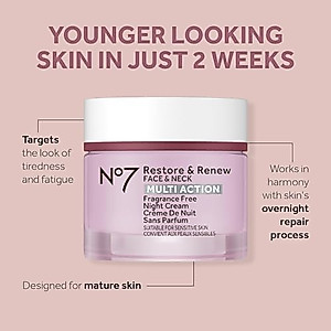 No7 Restore & Renew Multi Action Face & Neck Night Cream - Collagen Peptide Anti-Aging Face Cream - Hydrating Hyaluronic Acid + Skin Firming Fragrance-Free (50ml)