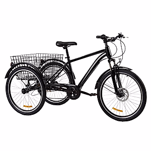 Viribus Mens Tricycle 7 Speed 24" with Front Suspension, Mountain Tricycle with Adjustable Handlebars and Seat, 3 Wheel Bike for Adults Men Women with Basket and Bell