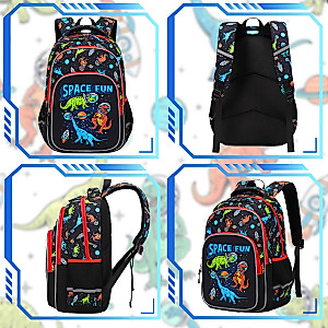 Dorlubel Lightweight Dinosaur Backpack for Boys School Bag with Insulated Lunch Tote & Pencil Case Preschool Kindergarten Elementary Book Bag Set(Black Space Dino Set)
