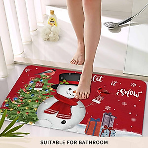 Teather Snowman Cardinal Birds Red Christmas Bath Rugs Snowflake Xmas Tree Sponge Doormat Absorbent Non Slip Backing Durable Soft Flannel Memory Foam Mats Carpet for Bathroom Kitchen, 20x31.5 inches