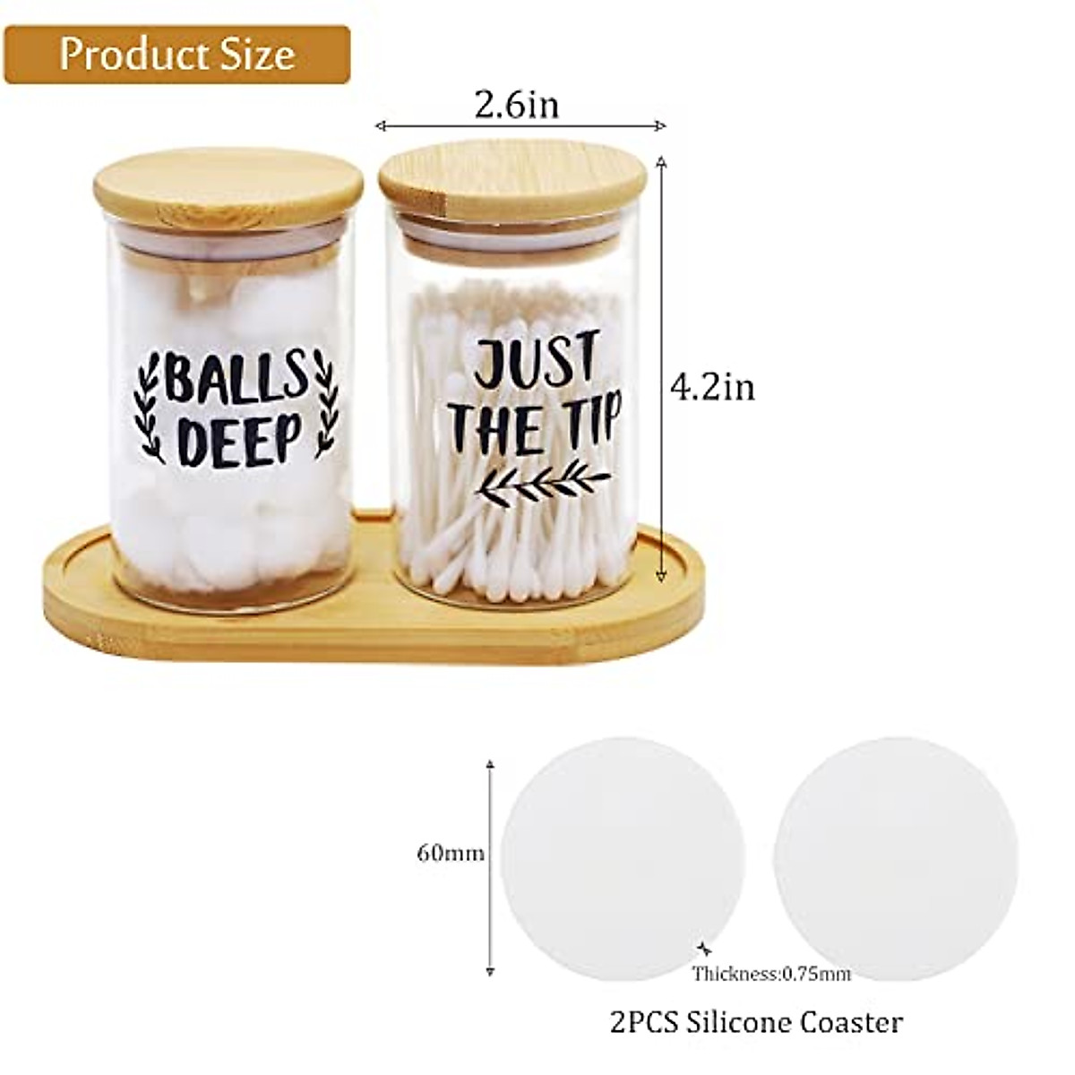 Glass Qtip Holder and Cotton Ball Holder Set with Bamboo Tray, Apothecary Jars with Lids for Bathroom Organization, Clear Farmhouse Bathroom Dispenser Canisters Organizer for Swabs Pads Balls Jewelry