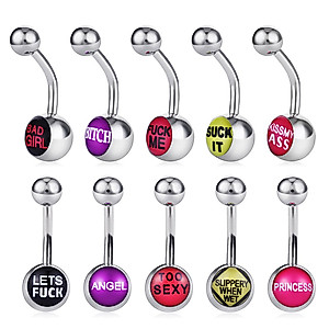 COTTVOTT Naughty Belly Button Rings with Letters Navel Piercings Body Jewelry (mix different letters 10pcs)
