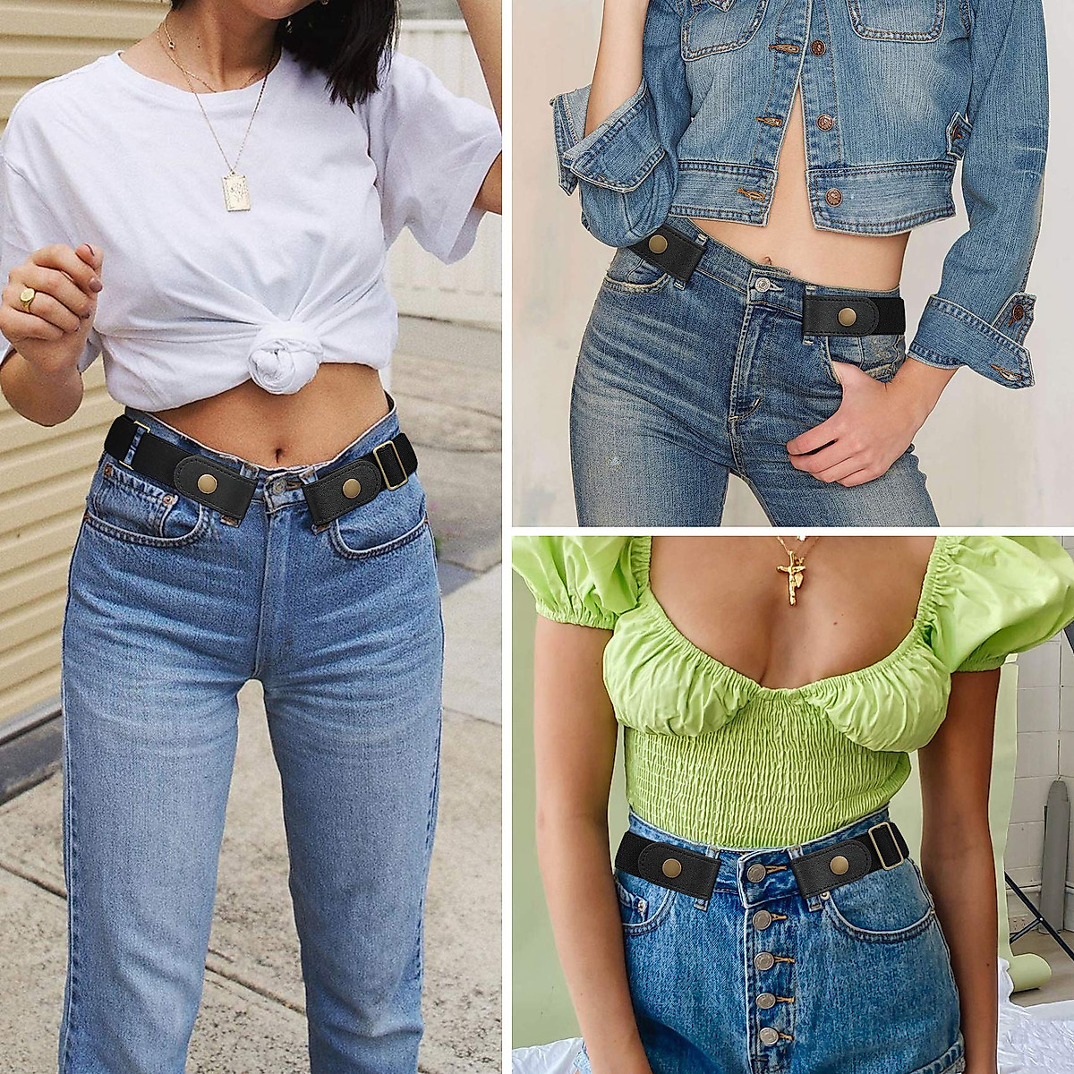 XZQTIVE Women/Men Buckle-Free Elastic Belt for Jeans - 1.25" Ladies Invisible Waist Belt Fits 24" to 50" (Fit for waist size 35-50in, A Black)