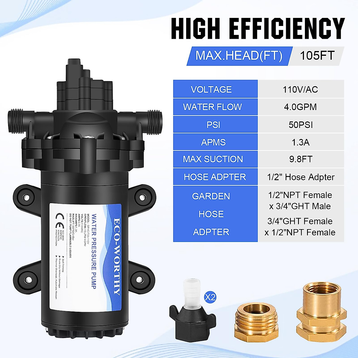 ECO-WORTHY 33-Series Industrial Water Pressure Pump 110V AC 4.0GPM 50PSI RV Fresh Water Diaphragm Pump include Garden Hose Adapters for Irrigation Marine Boat Sprinkler Faucet