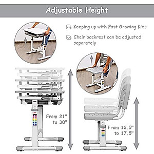 HONEY JOY Kids Desk and Chair Set, Height Adjustable Study Table and Chair, Tilting Desktop with Book Stand and Drawer Storage, Metal Hook for Schoolbag, Ergonomic Design for Boys and Girls