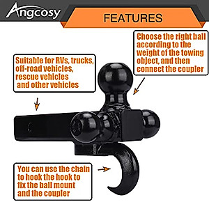 ANGCOSY Triple Ball Mount with Hook, 1-7/8”, 2” and 2-5/16” Tri-Ball Hitch Balls, Hollow Shank, Fits for 2” Receiver, 10,000 lbs
