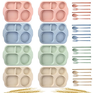 Nicunom 8 Pack Unbreakable Divided Plates, 5-Compartment Wheat Straw Tray Divided Food Plates Lunch Trays Section Plates for kids Adults, Microwave Dishwasher Safe, BPA Free, 11 Inch