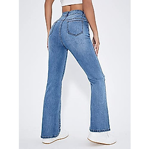 Floerns Women's High Waisted Ripped Jeans Flare Leg Bell Bottom Denim Pants Light Blue M