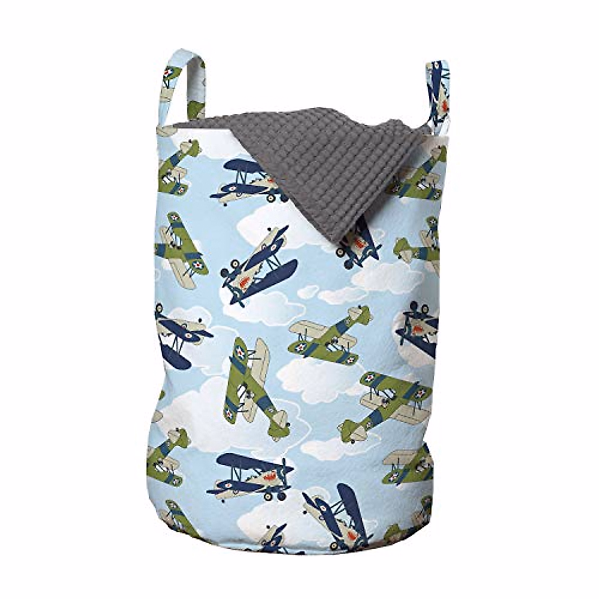 Lunarable Airplane Laundry Bag, Vintage Allied Plane Flying Pattern Cartoon Shark Teeth, Hamper Basket with Handles Drawstring Closure for Laundromats, 13" x 19", Blue White Olive Green