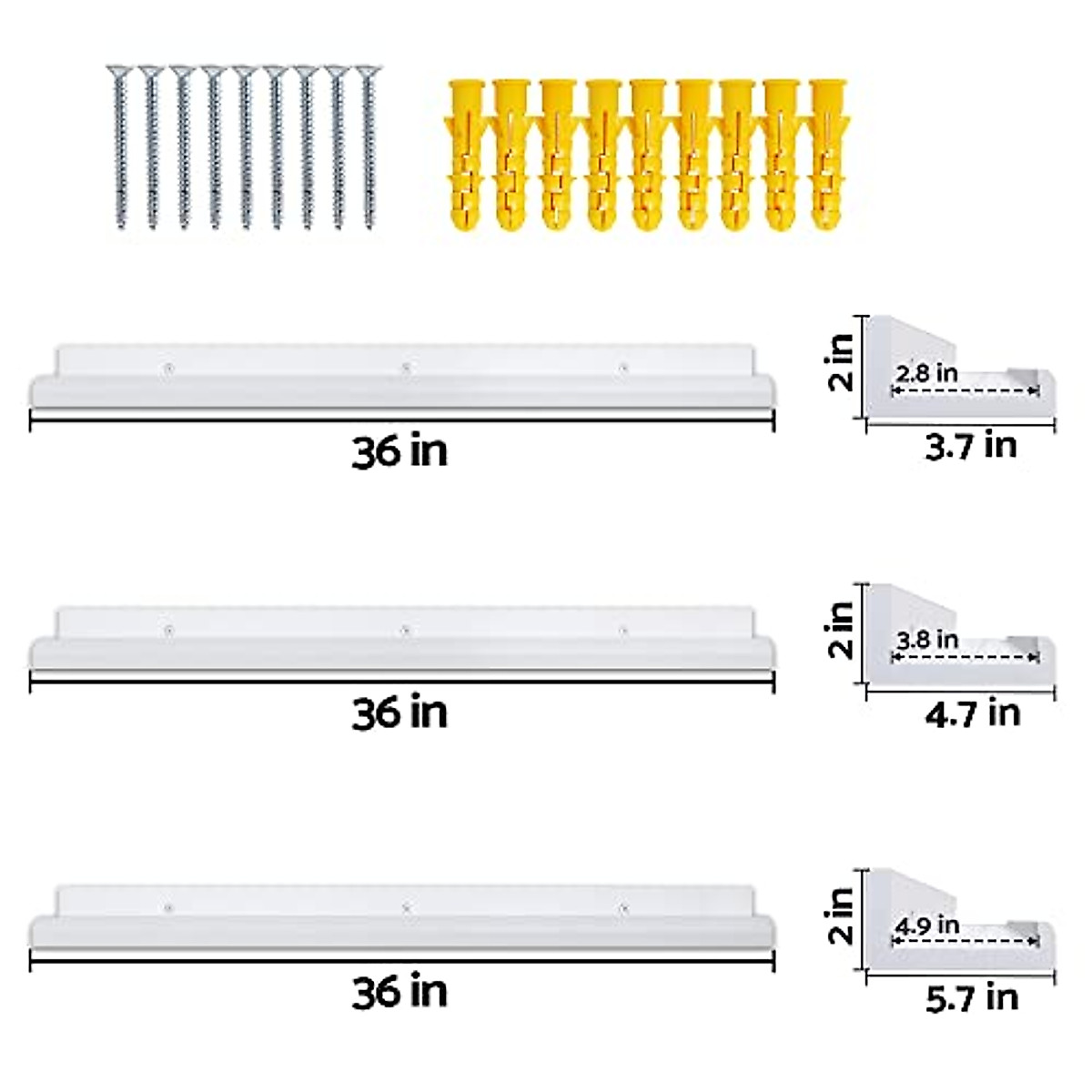 Annecy Floating Shelves Wall Mounted Set of 3, 36 Inch White Rustic Wood Shelves for Wall, Wall Storage Shelves with Guardrail Design for Bedroom, Bathroom, Kitchen, Office, 3 Different Sizes