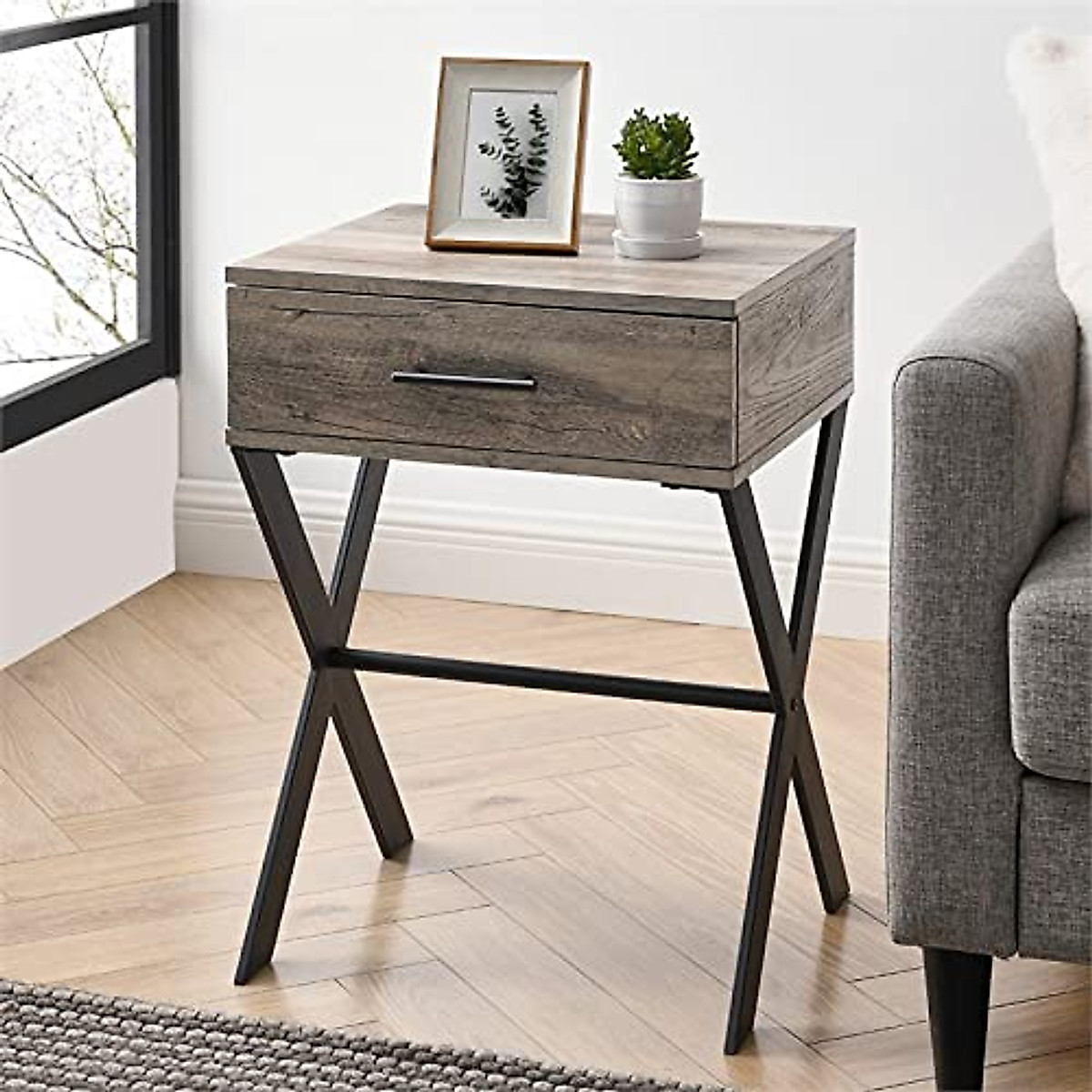Walker Edison Metal Wood Small Side End Beside Table 1 Drawer X Leg Living Room Accent Table, 18 Inch, Grey Wash