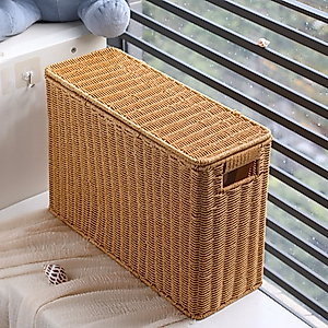 IMIKEYA Woven Wicker Basket Box with Lid Narrow Holder Woven Magazine Basket Rattan Toys Organizer Decorative Storage Bin for Home Office Closet Decor