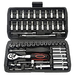 TILIBOTE Socket Wrench Set, 53PCS 1/4 Inch Ratcheting Wrench Set And Extension Bar Gimbal Slide Bar Extension Sockets, Set For Automotive Repair And Home Use.