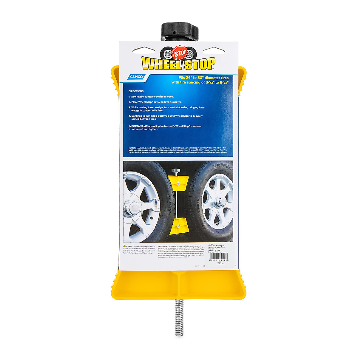 Camco Large RV Wheel Stop | Fits 26 to 30-inch Diameter Tires and Tire Spacing from 3 ½ to 5 ½-inches | Yellow (44622)
