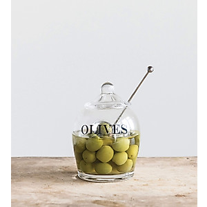 Creative Co-Op Clear Glass "OLIVE" Jar with Lid & Slotted Stainless Steel Spoon (Set of 3 Pieces including Lid)