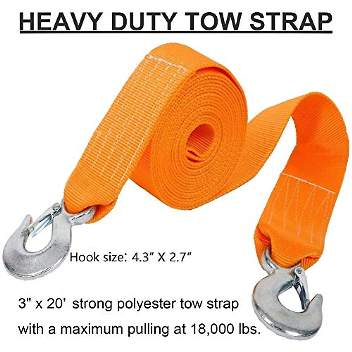 Tow Strap Heavy Duty, Recovery Strap 3" X 20' 18,000 LB Break Strength Rope Winch Strap with 2 Hook