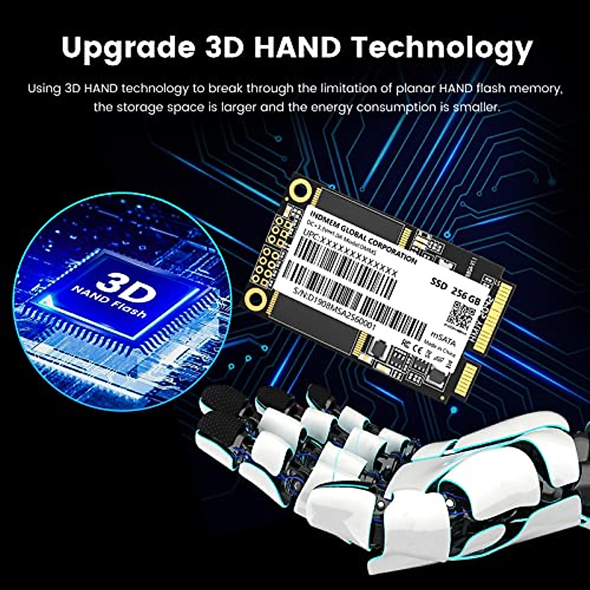 INDMEM mSATA SSD 256GB Internal Mini SATA III SSD Micro-SATA TLC 3D NAND Flash 256 GB