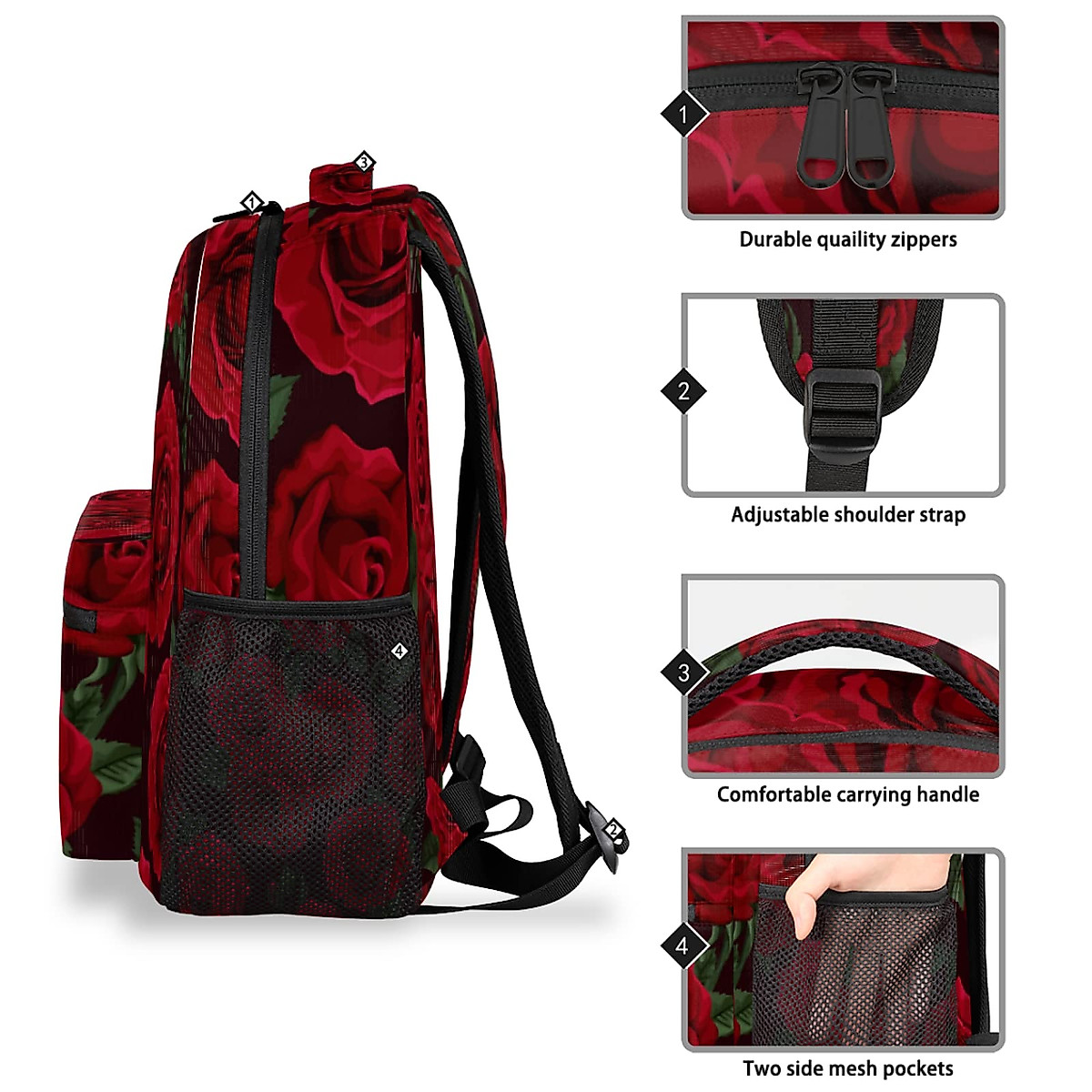 DJYQBFA Red Rose Backpack for Men Women Kids, Flower Floral School Bag Travel Hiking Dayback Large College Bookback Laptop Bag for Girls Boys Student