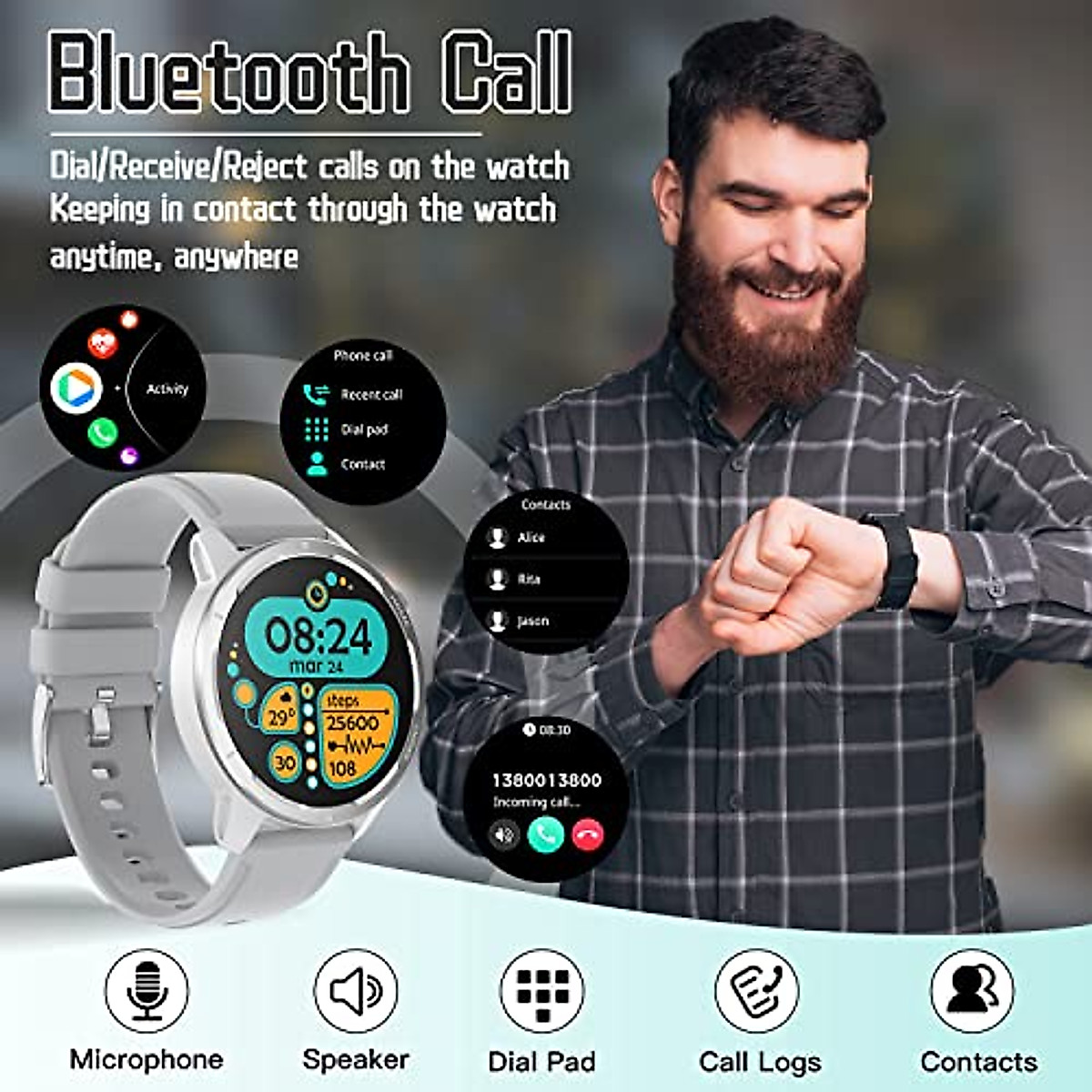 Naudug Smart Watch for Men Women ,Phone Call(Make & Answer) Smartwatch,IP68 Waterproof,Fitness Tracker, Pedometer,Message Notification,Music Player,Health Monitor,Compatible with iOS Android Phones