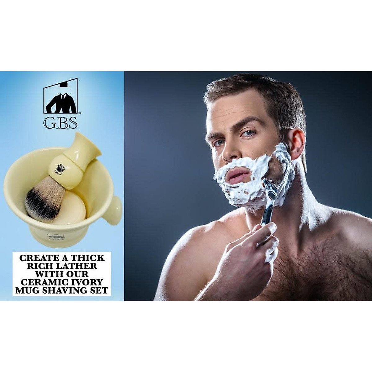 G.B.S Heavy Duty Ceramic Ivory Shaving Set - Mug with Knob Handle, Faux Ivory Handle Shaving Brush and Natural Shave Soap