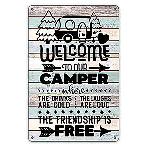 QIONGQI Funny Welcome to Our Camper Metal Tin Sign Wall Farmhouse Rustic Camping Signs for Home Garage Men Cave Decor Camper Gifts