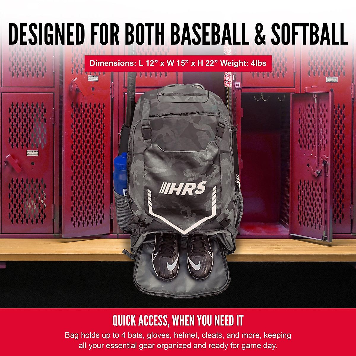 Hit Run Steal Gray Camo Baseball Bag, Softball Bat Bag. Holds 4 Bats, Glove, Bottle, Shoe Compartment, Helmet, Fence Hook for Equipment & Gear
