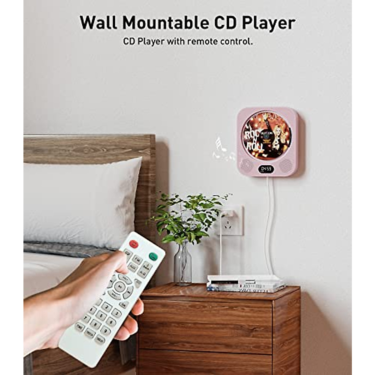 Desktop Vertical CD Player & Wall CD Player for Home with IR Remote Control,Bluetooth Speakers,Wall Mounted CD Music Playe Supports U Disk/SD Card/AUX/FM Radio-Pink