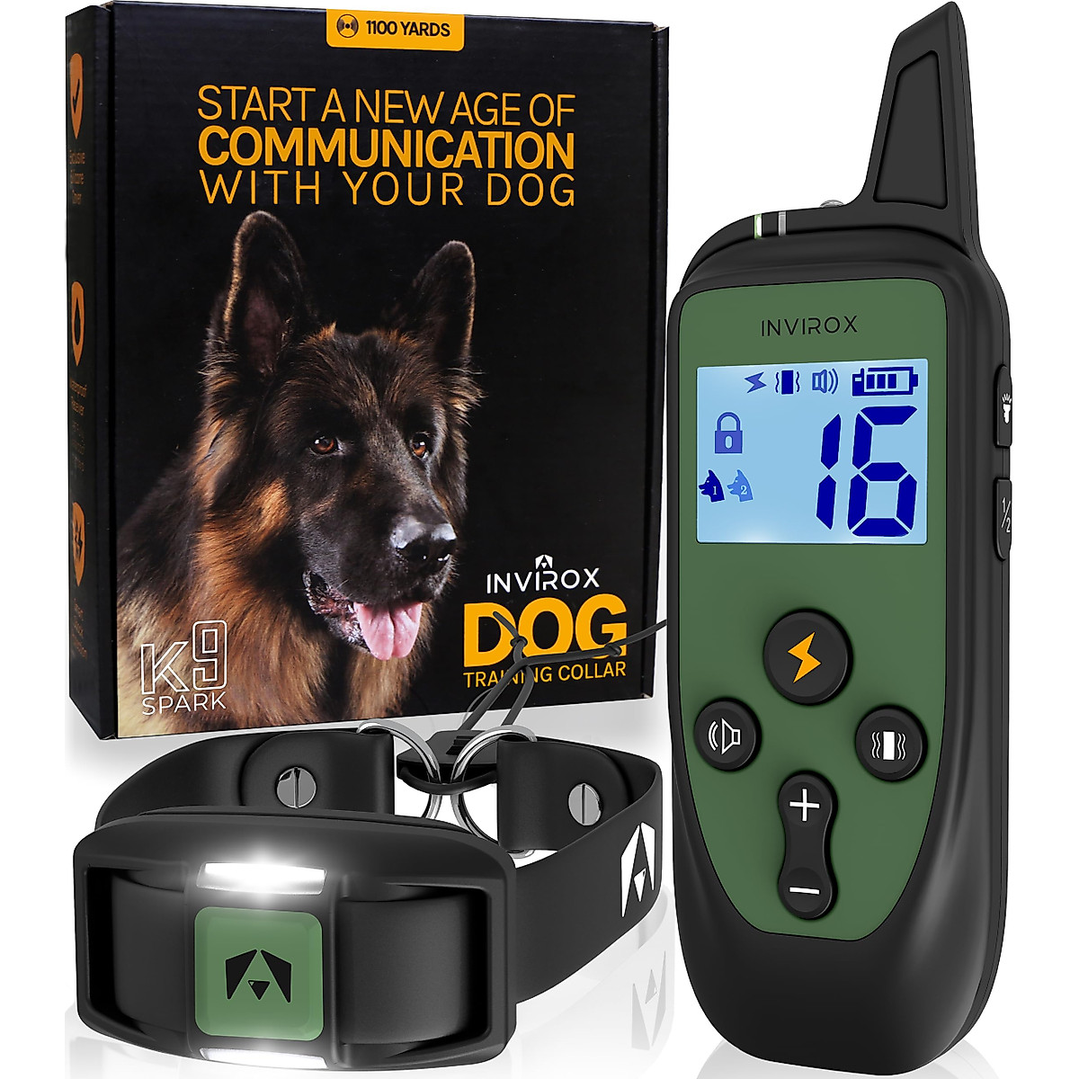 INVIROX Shock Collar for Large Dog [Spark K9] 124 Levels with Remote 1100yd Range, Night-Light Mode for Medium Dogs IP67 Waterproof Training Collar for Dogs