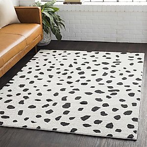 Hauteloom Tariffville Dalmation Spotted Living Room Bedroom Nursery Area Rug - Animal Print Dalmatian Style - Boho Polka Dot - High Pile Shag - Black, White - 5'3" x 7'3"