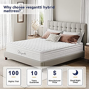 Vesgantti 10 Inch Multilayer Hybrid Queen Mattress - Multiple Sizes & Styles Available, Ergonomic Design with Memory Foam and Pocket Spring, Medium Firm Feel, White