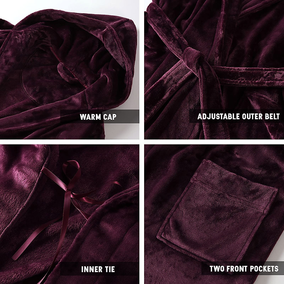 Hellomamma Long Hooded Robe for Women Luxurious Flannel Fleece Full Length Bathrobe Winter Warm Pajamas Shower Nightgown Wine Red X-Large