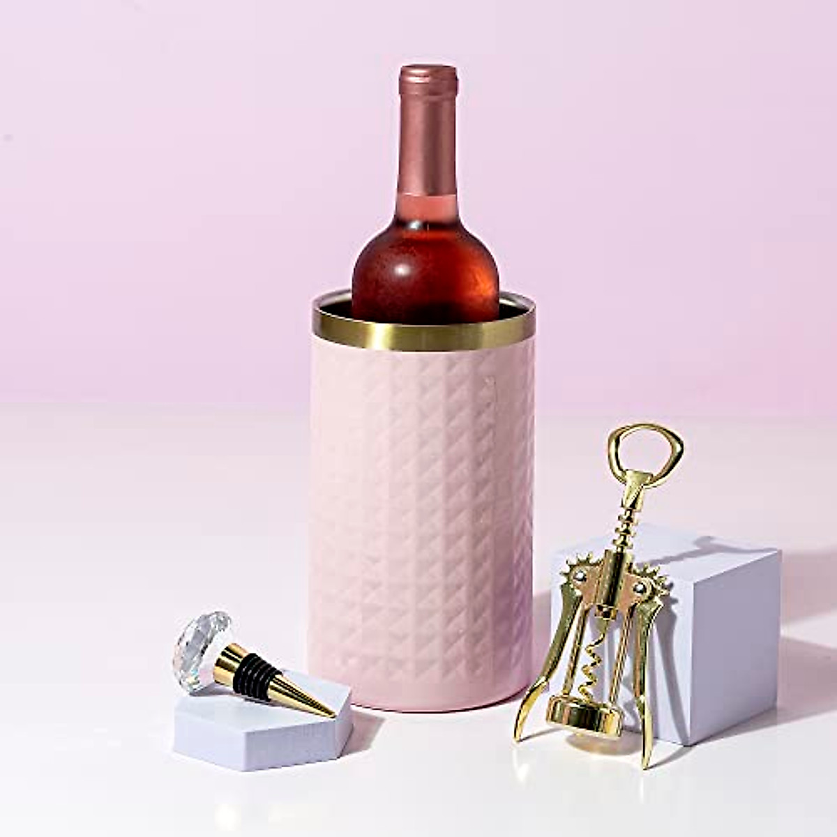 Paris Hilton Wine Bottle Chiller Set, Insulated Double Wall Chiller, Gold Winged Corkscrew Wine Bottle Opener, Diamond Wine Stopper, 3-Piece Set, Pink
