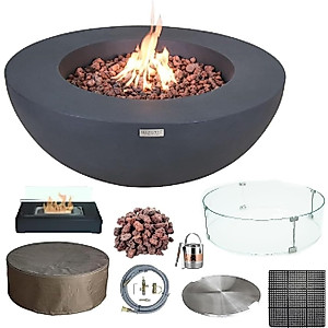 AMS Fireplace Elementi Lunar Bowl Cast Concrete Fire Table Bundle, Outdoor Fire Pit Fire TablePatio Furniture, Dark Gray (Natural Gas)