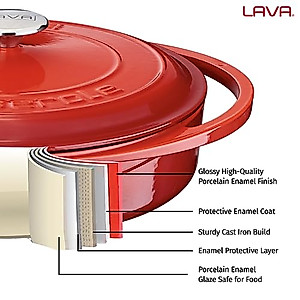 LAVA 3.7 Quart Enameled Cast Iron Braiser: Multipurpose Stylish Red Round Dutch Oven Pot with Enameled Black Interior and Trendy Lid