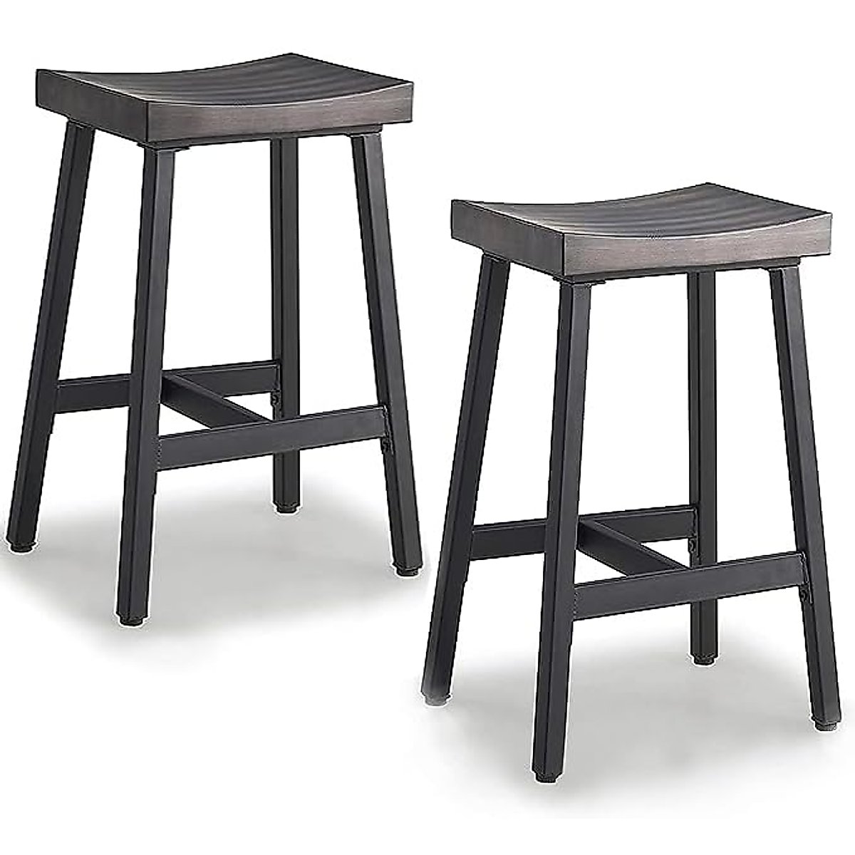 OUllUO Black Gray Bar Stools Set of 2, Backless Saddle Barstools, 25" Counter Height Bar Stools, Gray Solid Wood Counter Stools with Metal Frame for Kitchen Island, 521P-BGWD