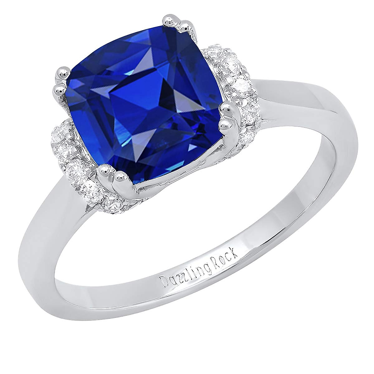 Dazzlingrock Collection 14K 8 MM Cushion Lab Created Blue Sapphire And Round Diamond Women Ring, White Gold, Size 8