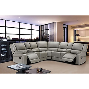 FREESNOOZE Manual Reclining Sectional Sofa Recliner Sofa with Cup Holders and 2 Storage Consoles for Living Room Furniture(PU Grey)