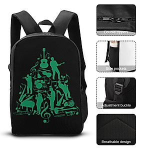 Music Christmas Tree Travel Backpack Casual 17 Inch Large Daypack Shoulder Bag with Adjustable Shoulder Straps
