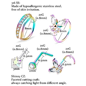 Oicctyzio 20g Nose Rings Studs Hoops for Women Surgical Stainless Steel l Shaped Nose Studs Screw Straight Nose Rings Star Butterfly Opal Heart Nose Ring Studs Nostril Piercing Jewelry Hypoallergenic