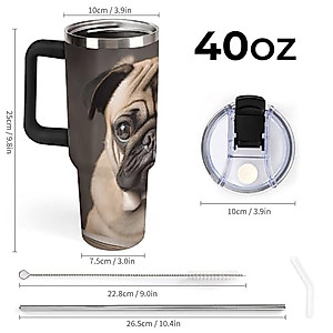 YTLKGFP 40 Oz Large Capacity Car Cup Animal Pug Dog Tumbler with Handle (Black) Straw Lid Insulated Stainless Steel Water Bottle Travel Mug Leak-proof Car Cup Keeps Cold Or Hot