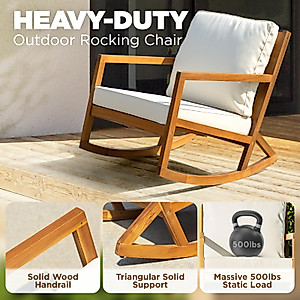 IDZO Premium Club Rocking Chairs 500lbs Capacity with Inclined Backrest, Thick Foam, Solid Acacia Wood Rocker for Patio, Backyard, Balcony, Porch, Beige - 2 Cushions