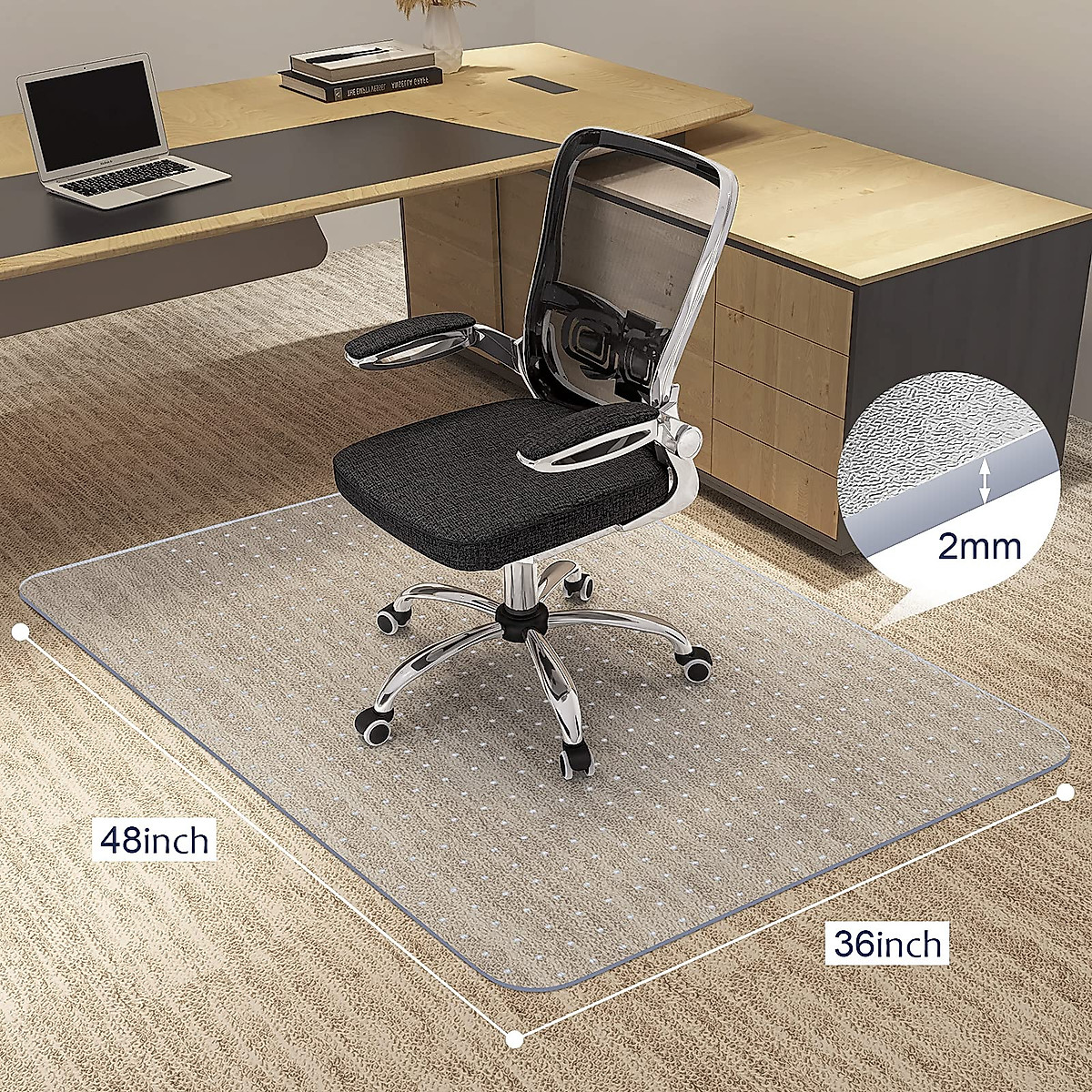 Office Chair Mat for Carpeted Floors, 48"X36" 2.0mm Thick, Rectangle Desk Chair Mats with Studs for Low and Medium Pile Carpets, Easy Glide, Flat Without Curling