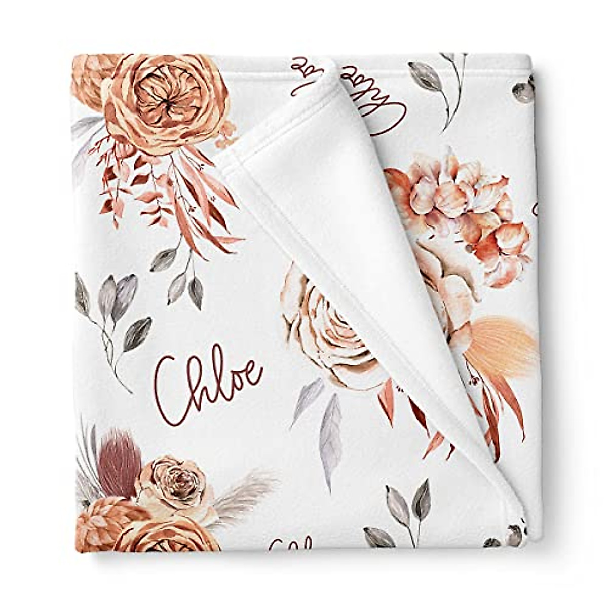 Stork Wares Boho Caramel Floral Personalized Baby Girl Swaddle Blanket, White, 30x40', (BB335)