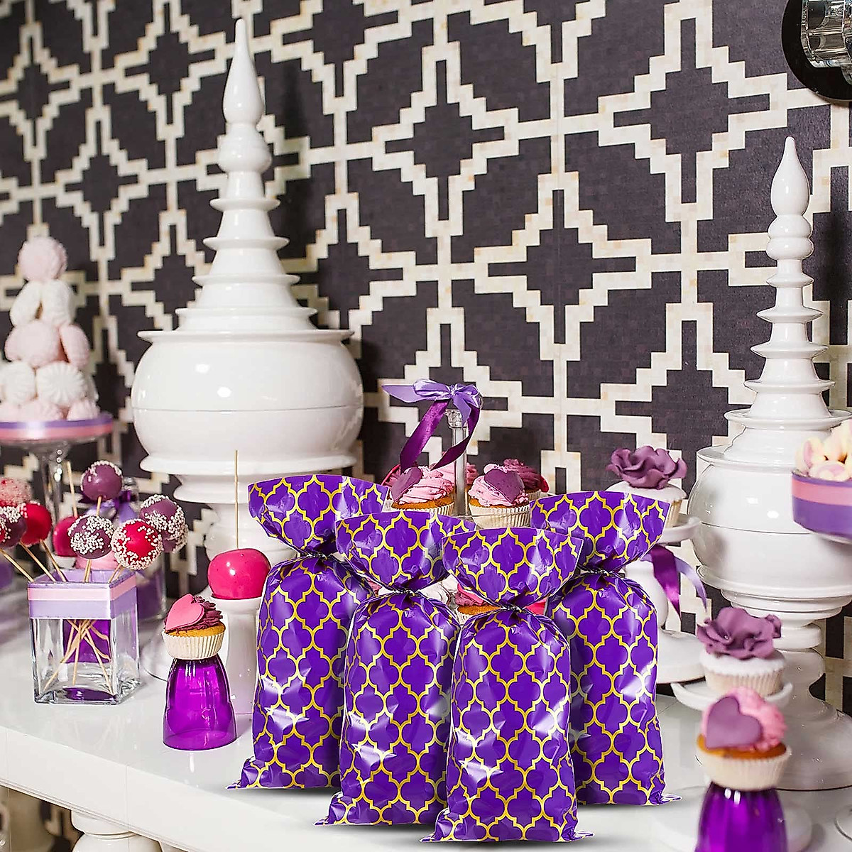 100 Pieces Arabian Nights Cellophane Treat Bags,Eid Mubarak Party Treat Bags,Purple and Gold Goodie Bags with Twist Ties for Arabian Nights Indian Diwali Party Favors