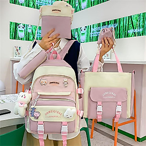 MIFJNF 5Pcs Kawaii Backpack Cute Backpack for School Aesthetic Backpack Kawaii School Supplies Backpack Set with Accessories (Pink)